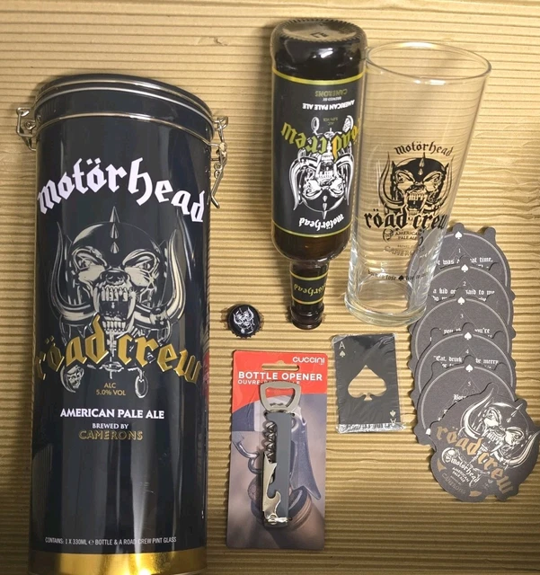 MOTÖRHEAD ROAD CREW Tin Gift Set Empty Beer Bottle & Glass x5 Coasters ...