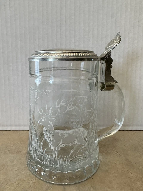 Vintage West Germany Glass Stein Mug With Deer Stag Elk Pewter Lid 2363 Picclick Ca