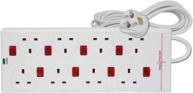 8 WAY GANG 2M Individually Switched Surge Protected Extension Lead ...