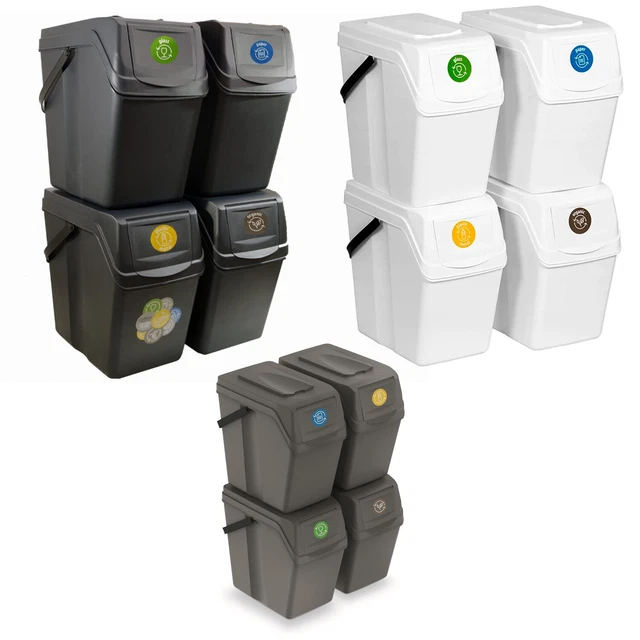 SORTING WASTE BIN Set 4x 25L Segregation Recycling Stickers Handle Lid ...