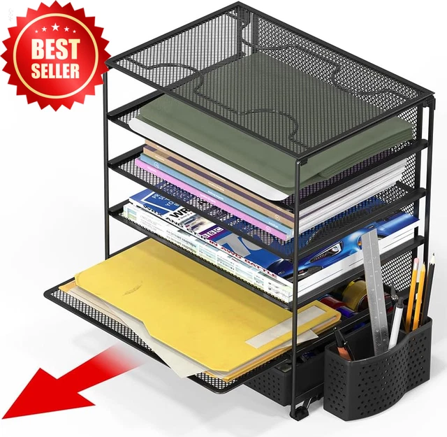 5-TIER DOCUMENT TRAYS with Drawer and Pen Holder Desk Organiser, Black ...