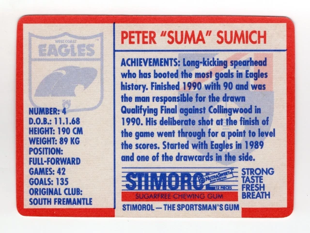 AFL SCANLENS STIMOROL 1991 #31 West Coast Eagles Peter Sumich $4.99 - PicClick AU