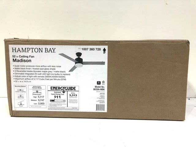 HAMPTON BAY MADISON 52 in. Integrated LED Matte Black Ceiling Fan $109. ...