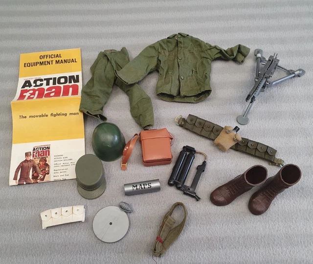 ACTION MAN MILITARY uniform with belt, machine gun, booklet, helmet ...