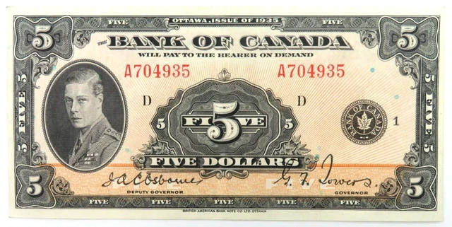 1935 FIVE DOLLAR $5 Bank of Canada Banknote, English Version $909.10 ...