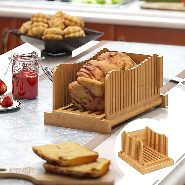 BAMBOO BREAD SLICER Guide Loaf Cutting Size Slicing Wooden Board Holder ...