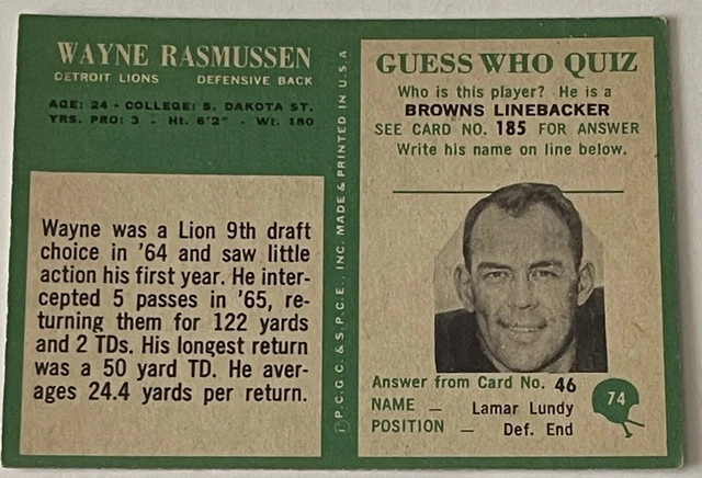 1966 PHILADELPHIA WAYNE Rasmussen carte #74 Detroit Lions EUR 0,90 ...