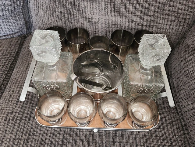 VINTAGE 1950'S QUEENS Lusterware Silver Glass & Decanter Set Tray Hi ...