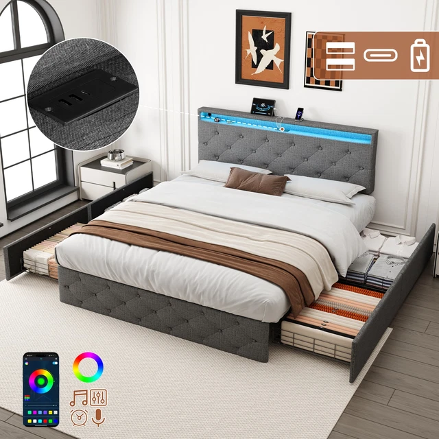 4FT6 DOUBLE BED Frame w/ 4 Storage Drawer Button Adjustable Tufted ...