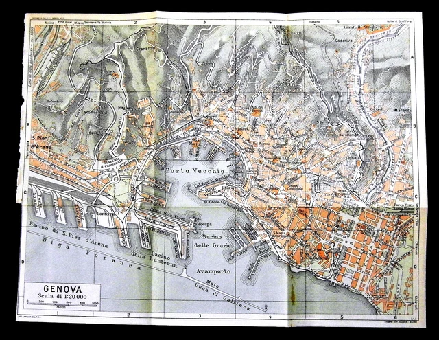 1939 MAPPA TOPOGRAFICA Della Citta di GENOVA..SCALA 1:20.000..HACHETTE ...