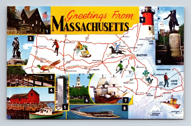 PICTORIAL MAP & Multi-View Attractions Greetings from Massachusetts MA ...