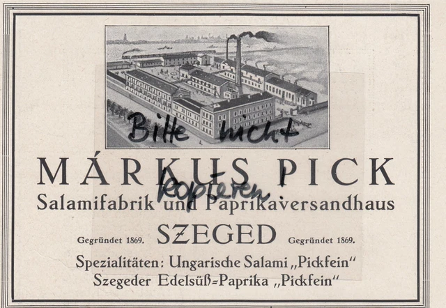SZEGED, WERBUNG 1918, Márkus Pick Salami-Fabrik Paprika-Versandhaus EUR ...