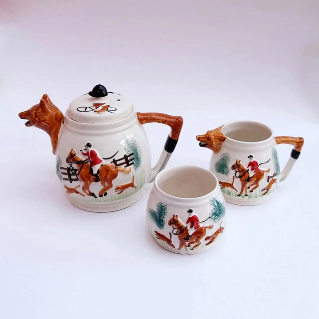 PORTLAND POTTERY FOX Hunting Scene Tea Set; Tea Pot , Milk Jug, Sugar ...