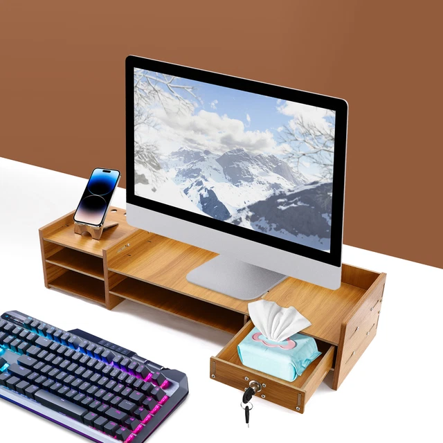 WOOD MONITOR STAND Riser Computer Desk Storage Shelf Organizer Holder ...