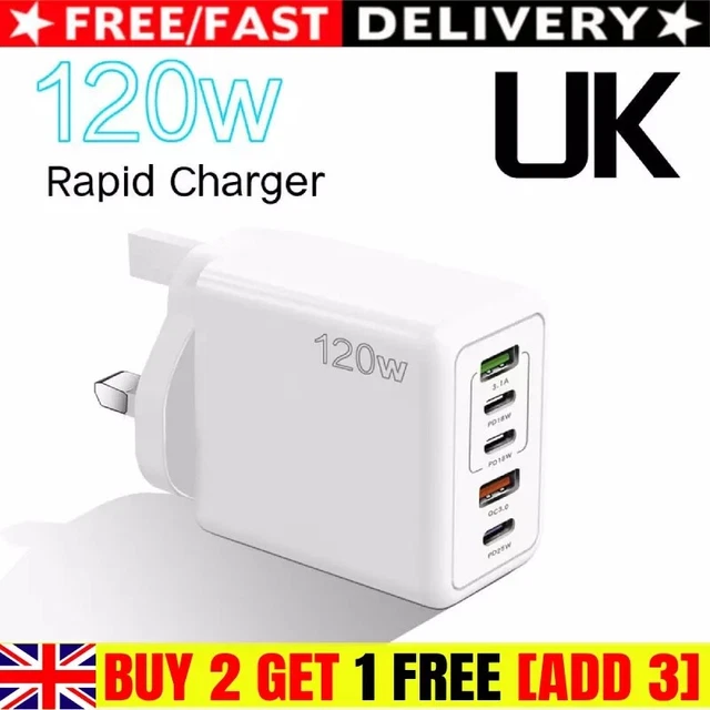 120W 5-PORT USB-C PD Fast Charger Plug,4 Port QC3.0 Wall Adapter for ...