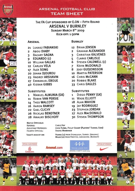 TEAMSHEET - ARSENAL v Burnley 2008/9 (8 Mar) FA Cup £2.00 - PicClick UK