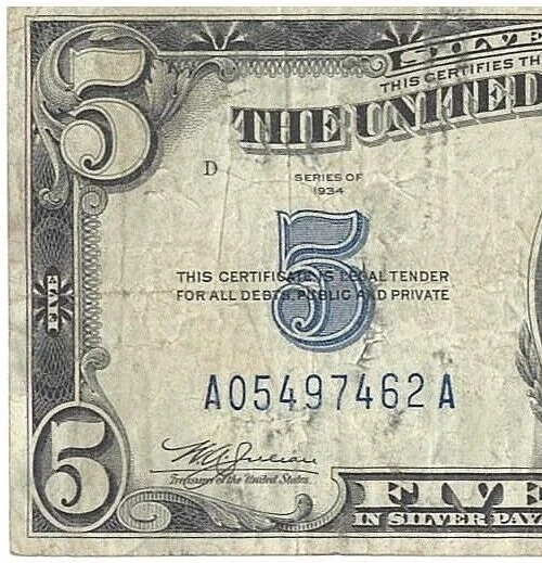 DOLLAR SILVER BILL BLUE SEAL NOTE ERROR CERTIFICATES ONE US dollar ...