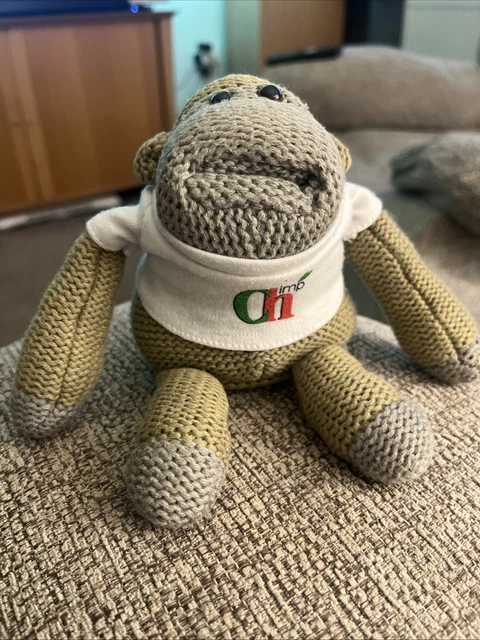 VGC PG TIPS Monkey Chimp Soft Toy Promotional Grey Brown Knitted 4 ...