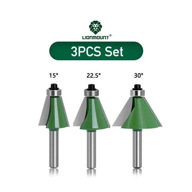 8MM SHANK 15° 22.5° 30° Chamfer and Bevel Edging Router Bit GREEN 3PCS ...