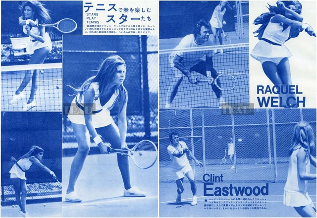 RAQUEL WELCH CLINT EASTWOOD Tennis 1972 JPN Photo Clippings 2-FEUILLES ...