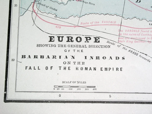 1890 ANTIQUE MAP Europe Migration Period Barbarian Invasion Roman ...