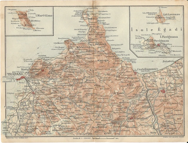 CARTA GEOGRAFICA ANTICA TRAPANI Dintorni ISOLE EGADI TCI 1919 Old ...