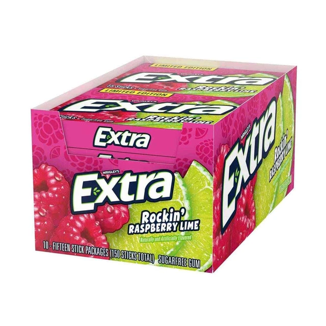 WRIGLEYS EXTRA ROCKIN Raspberry and Lime Chewing Gum 15 Sticks X 10 ...