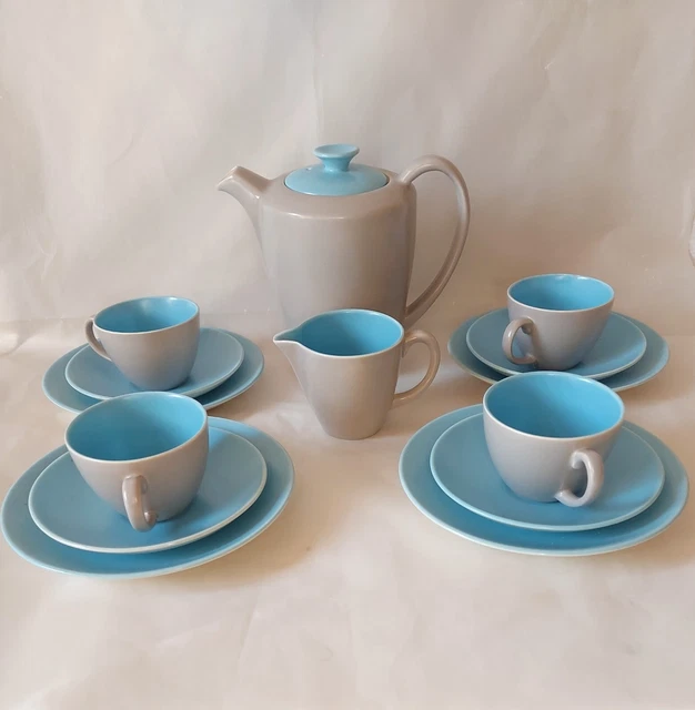 POOLE POTTERY COMPLETE mushroom & sepia tea/coffee set for 6. Contour ...