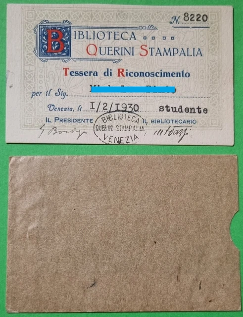 TESSERA RICONOSCIMENTO BIBLIOTECA Querini Stampalia - Venezia 1930 EUR ...