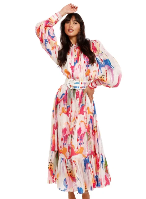 LEO LIN CAROUSEL Silk Linen Midi in Rainbow Carousel Size 8 AU EUR 244 ...
