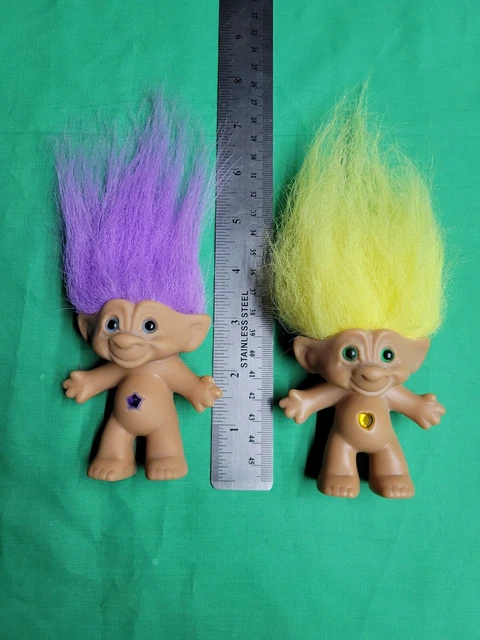 2 TROLL DOLLS 4" Ace Novelty Treasure Troll Pink dress and PJ's belly ...