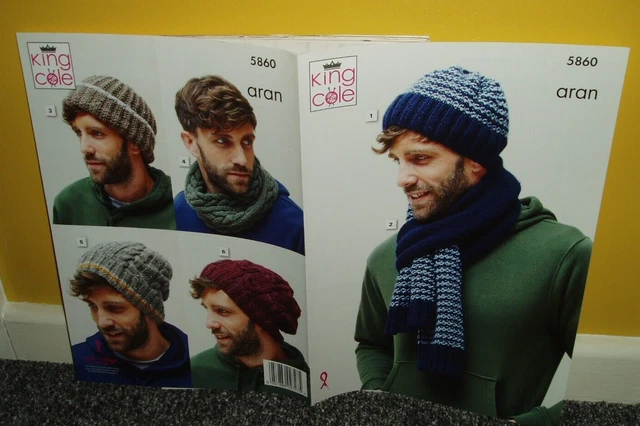 KING COLE KNITTING pattern for mans Aran hats and scarf - 5860 - NEW £0 ...