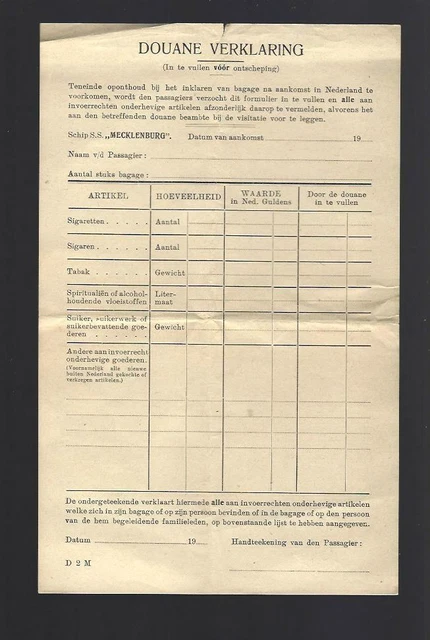 VINTAGE DUTCH PASSENGER Ship S.S.Mecklenburg Customs Declaration Form ...