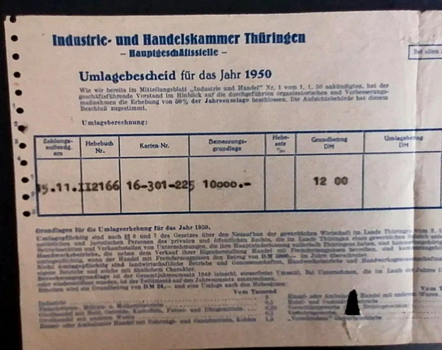 IND.- U. HANDELSKAMMER Thüringen (Erfurt) - Umlagebescheid 1950 EUR 1 ...