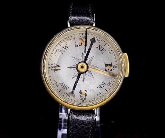 UNIQUE WW1 PERIOD trench watch style wrist compass with rotating bezel ...