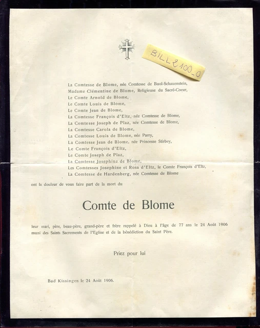 FAIRE-PART DE DÉCÈS de Mr. le Comte de Blome . Bad Kissingen. 1906 EUR 10,90 - PicClick FR