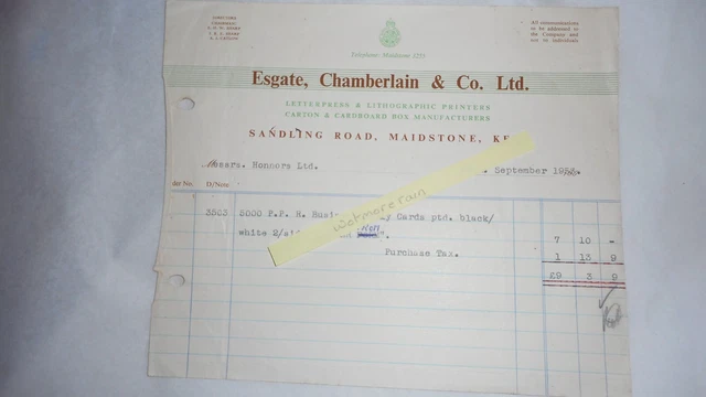 VINTAGE 1953 PRINTERS Invoice Esgate, Chamberlain& Co Ltd, Maidstone ...
