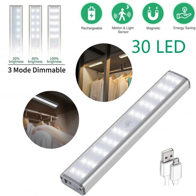 30 LED NIGHT Light USB Rechargeable PIR Motion Sensor Strip Lamp ...