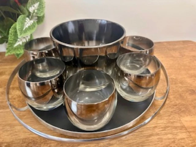VINTAGE DOROTHY THORPE Silver Fade Roly Poly Bar Set Ice Bucket Tray ...