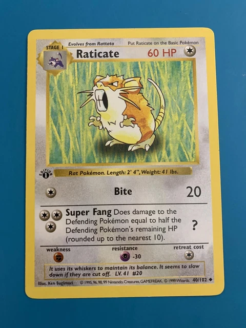 1ST EDITION SHADOWLESS Raticate 40/102 Base Set Rare Vintage Pokemon ...