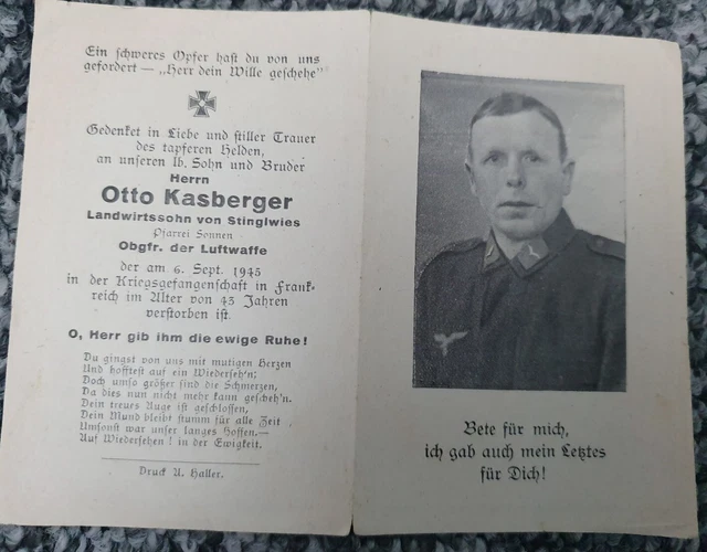 ORIGINAL GERMAN WW2 death card OTTO KASBERGER Luftwaffe Fell 6sep1945 ...