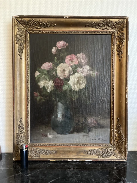 RARE CADRE ART tableau huile sur toile hst dessin fleurs rose signé PAUL SOYER EUR 499,99 ...