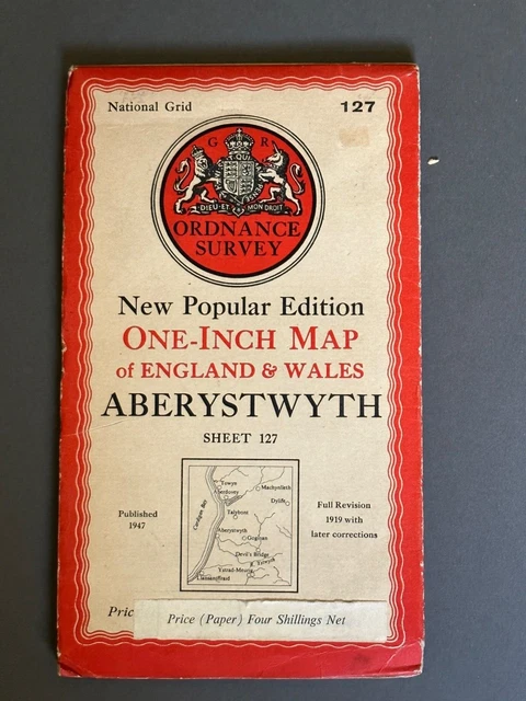 VINTAGE ORDNANCE SURVEY One Inch Paper Map, of Aberystwyth, No. 127 ...
