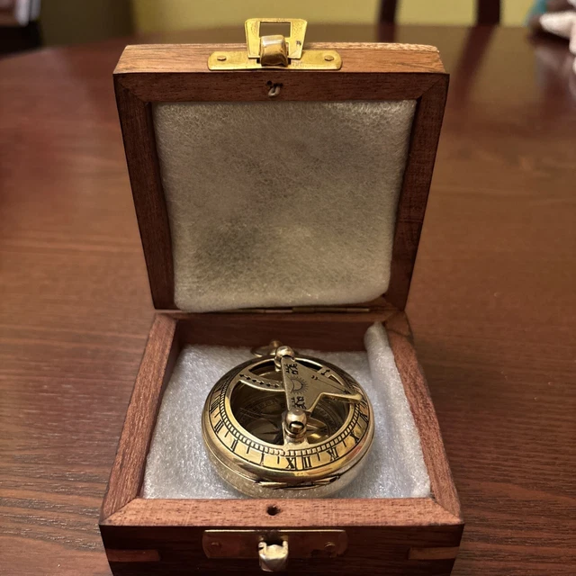 BRASS SUNDIAL COMPASS Ross London Push Button Vintage With Wooden Box £ ...