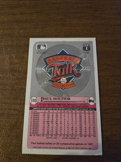 1989 TOPPS BASEBALL Talk/LJN Milwaukee Brewers carte de baseball #153 Paul Molitor EUR 1,84 ...