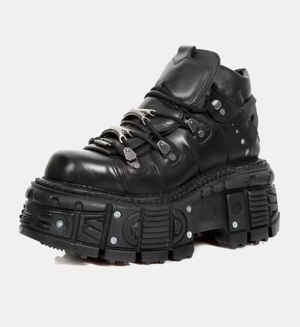 2026 NEW ROCK Boots Unisex Metallic Black Leather Goth Platform Boots ...