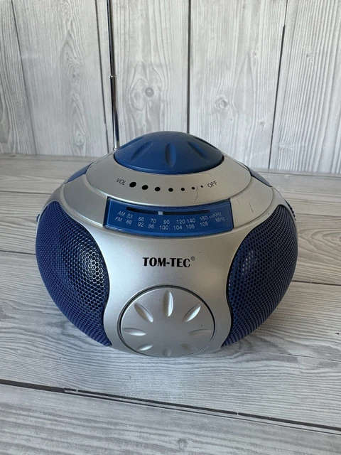 TOM-TEC MINI PORTABLE Radio AM/FM Ghetto Blaster Style Silver Blue Carry Handle £19.99 - PicClick UK
