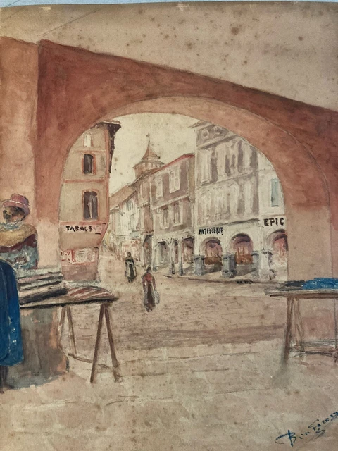 TRÈS BELLE PEINTURE aquarelle panneau Carton Arcades Mirepoix? A Identifier Art $223.74 ...