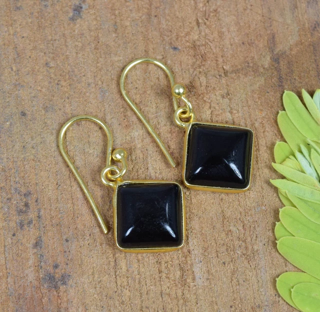 925 Solid Sterling Silver 24ct Gold Overlay Black Onyx Hook Earring