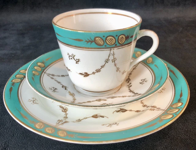 ANTIQUE BONE CHINA Turquoise & Gold Tea Cup Saucer & Tea Plate Trio £16 ...